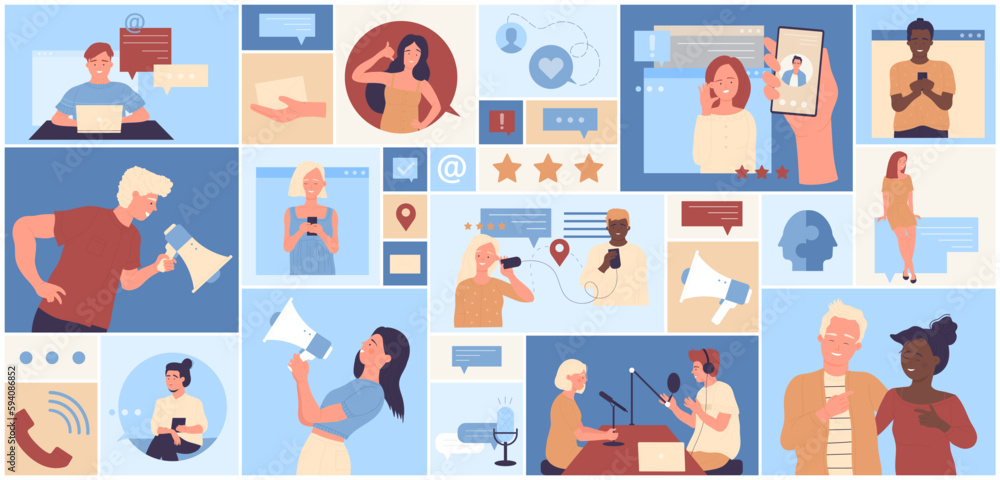 Cartoon people announce news in megaphone, communicate with messages ...