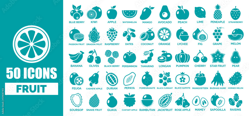 50 fruit icon collection with the name in flat design style Stock ...