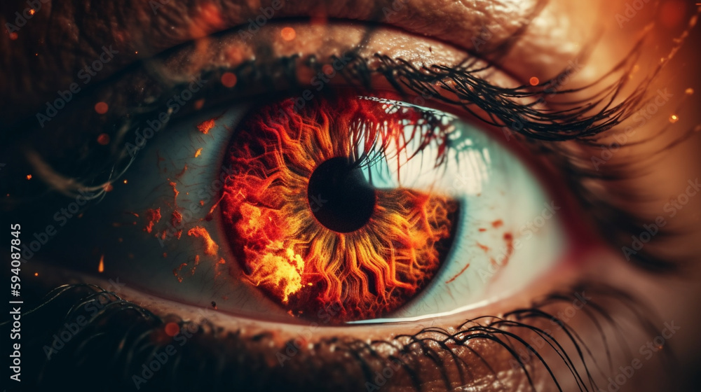 Macro image of human eye with fire flames . Mixed media Generative AI ...