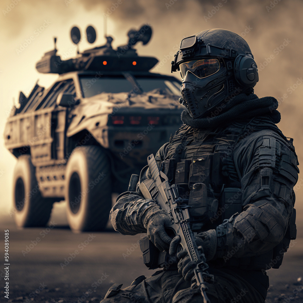 fully masked soldier in uniform holding his weapon and standing ...