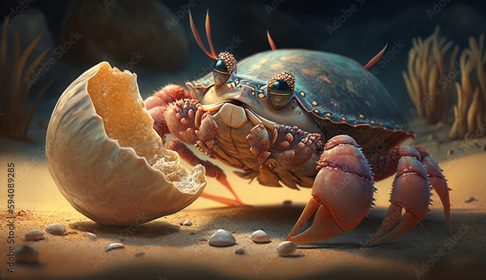 Crab holding conch shell in the sea beach AI Generated Stock ...