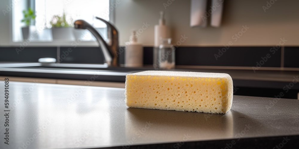 A solitary sponge still damp from recent use rests atop a pristine ...