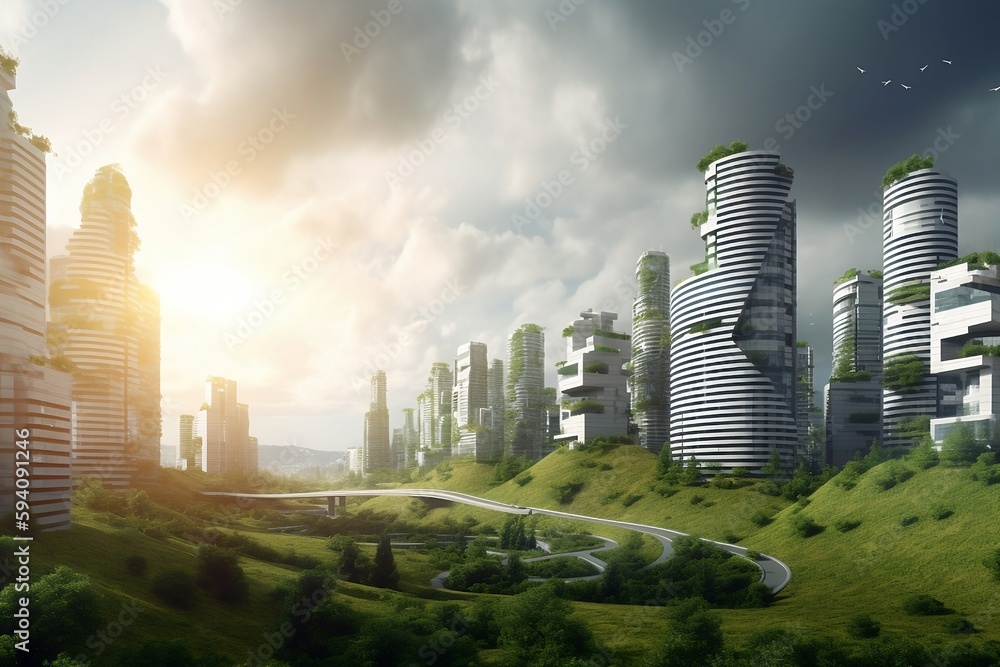 Futuristic green city. Renewable energy. Sunset Stock Illustration ...