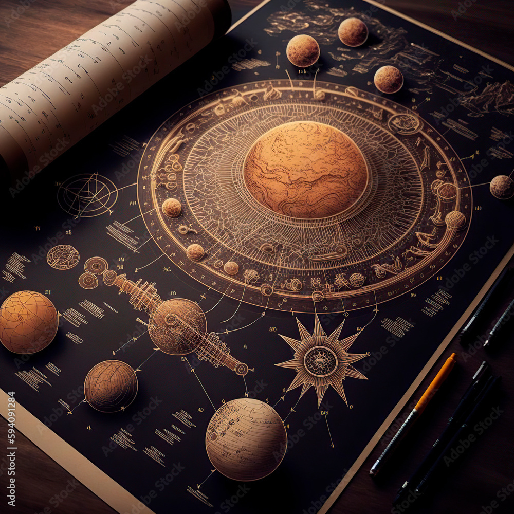 astronomical map, representation of an imaginary stellar map with ...