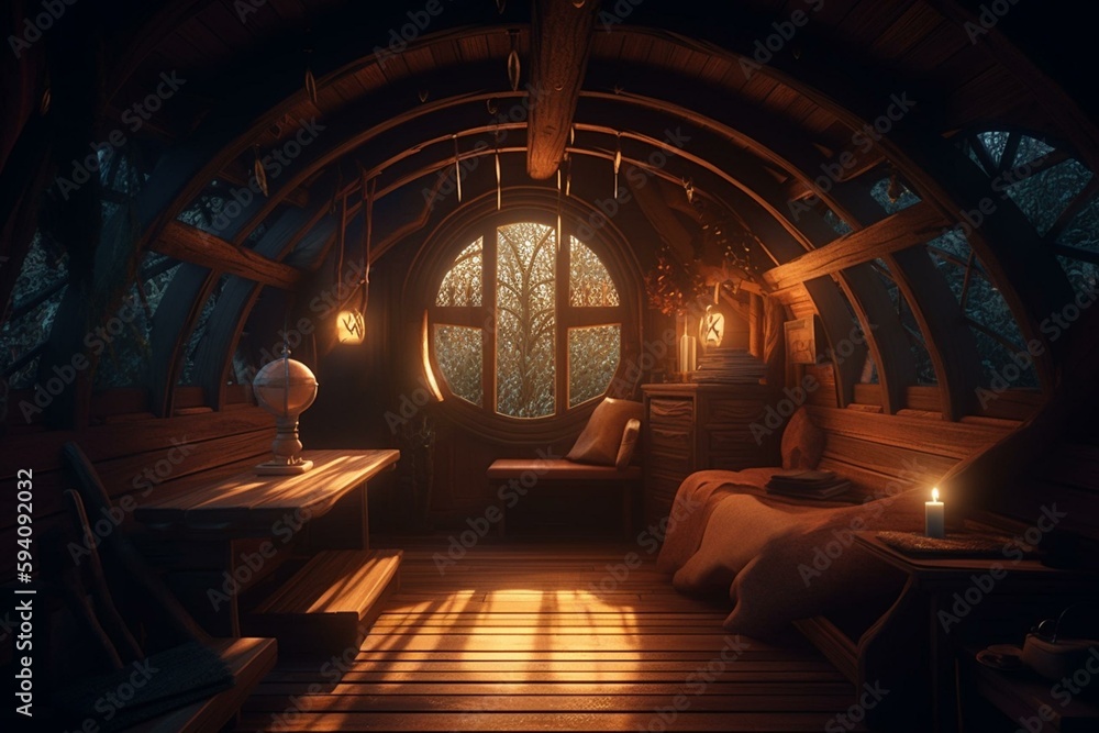 Hobbit house interior, inside fantasy wooden hut at night in forest ...