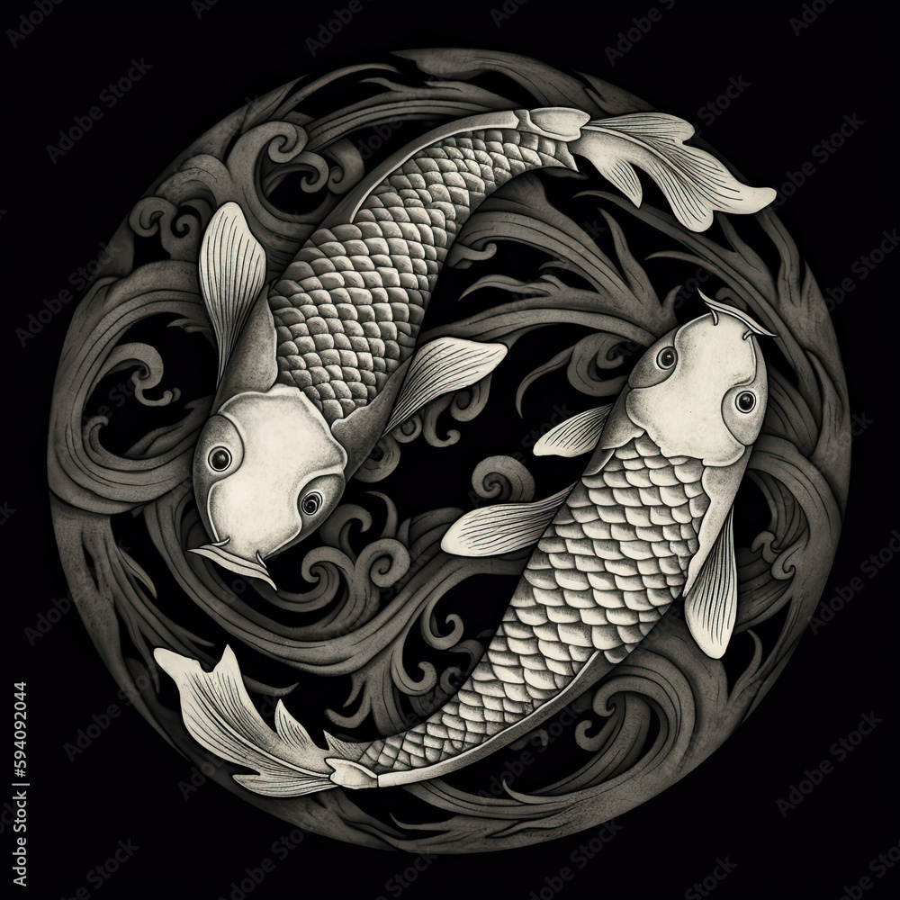 Evil Koi Drawings Bekko Mural Wallpaper In Dark Black | Japanese Fish