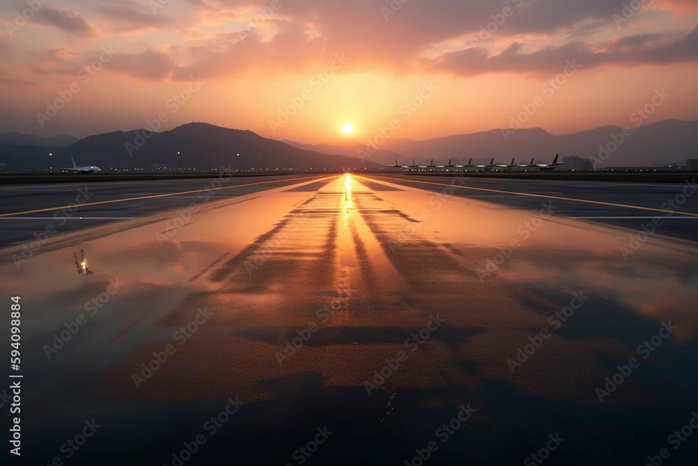 Airfield ground lighting on runway, sunrise time at Hong Kong Airport ...