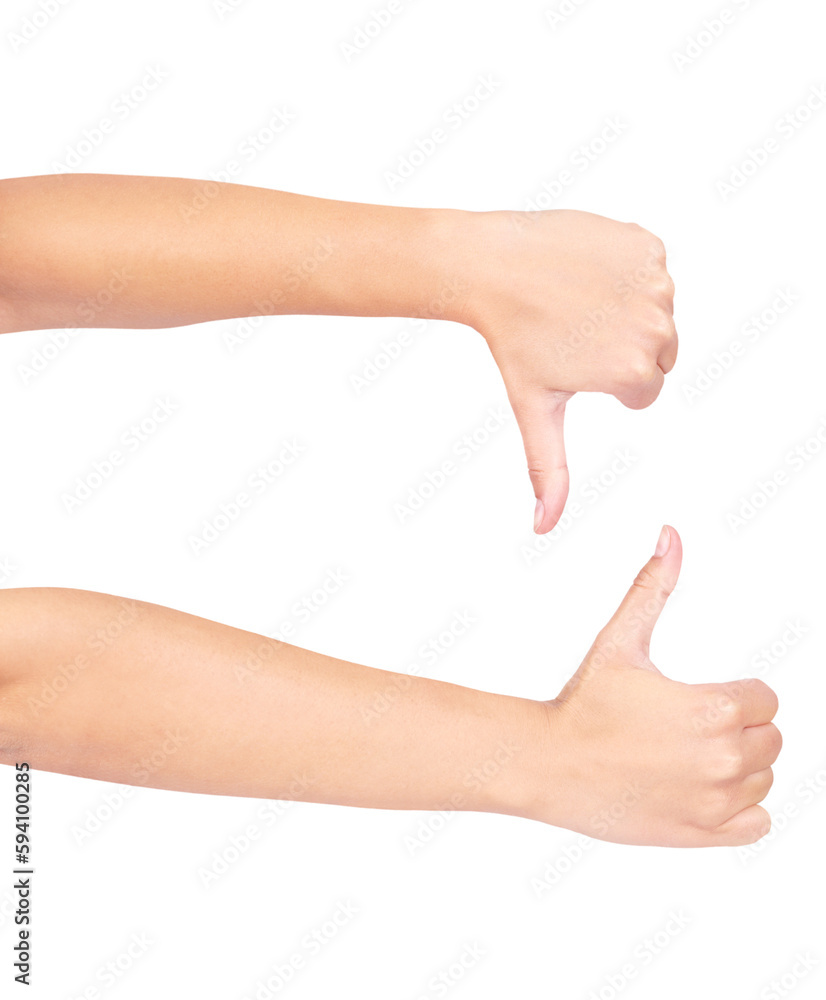 Thumbs up, down and isolated hands of woman on png or transparent ...