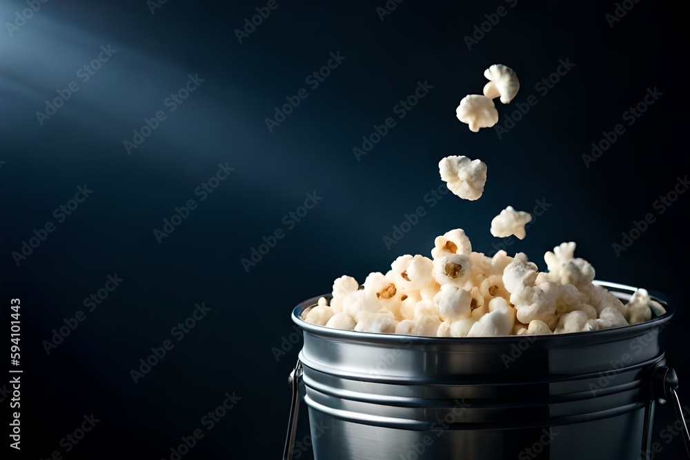 Popcorn overflowing from the silver bucket, stylish and hyper realistic ...
