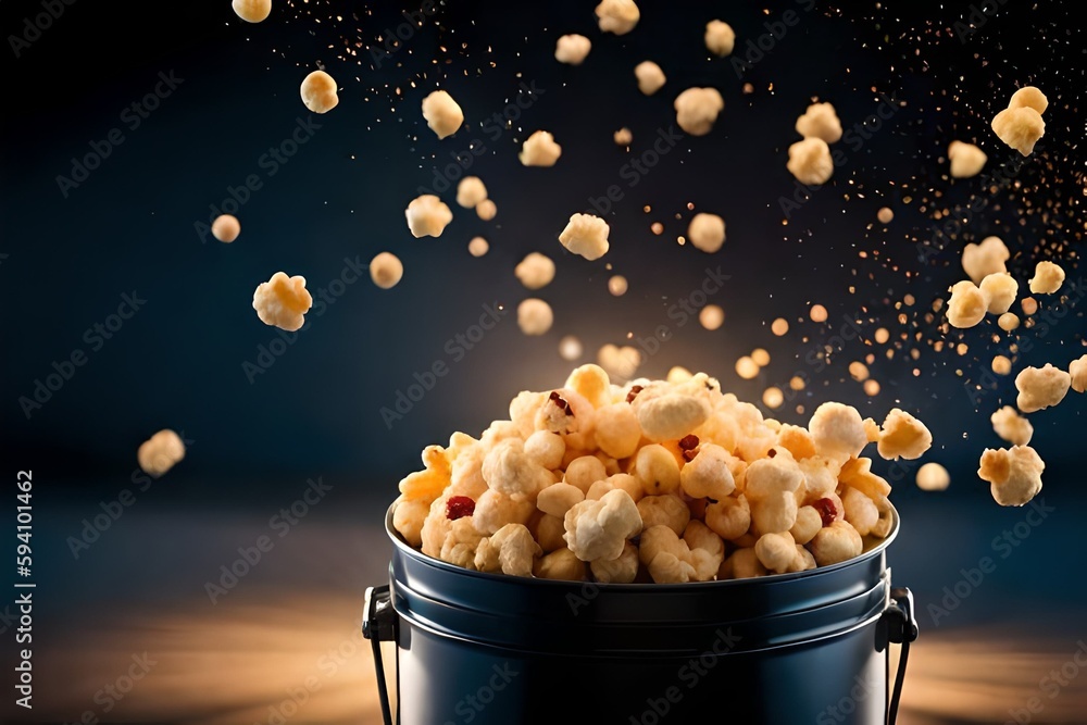 Popcorn overflowing from the bucket, stylish concept with light play ...