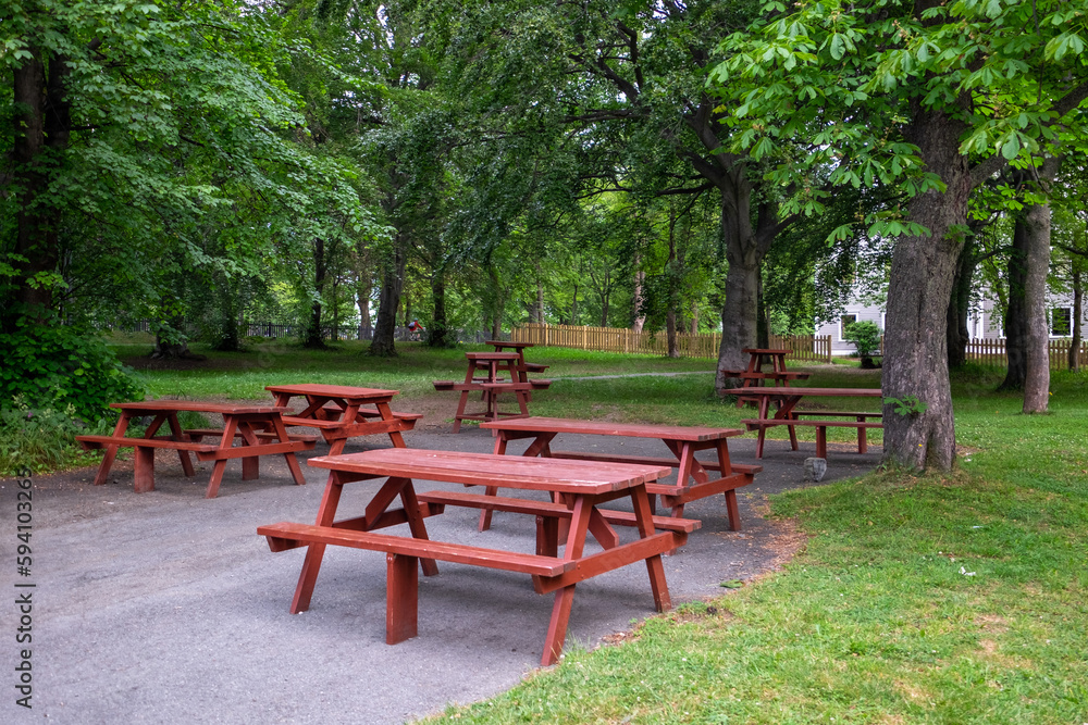 Multiple vibrant red painted wooden picnic tables on a park campground ...