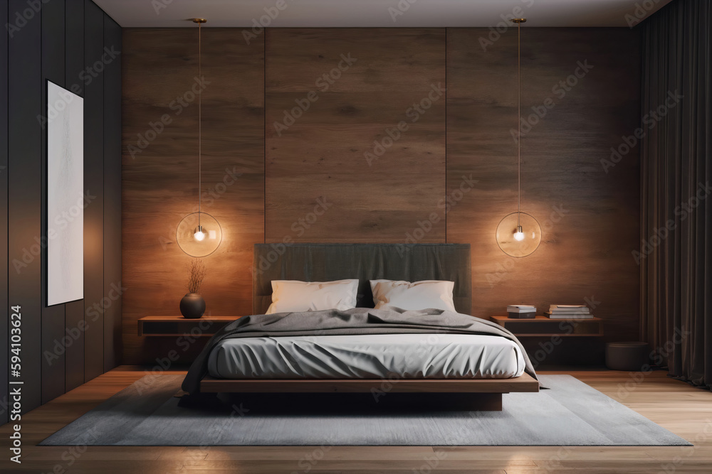Modern minimalistic bedroom interior with a big empty wall with paint ...