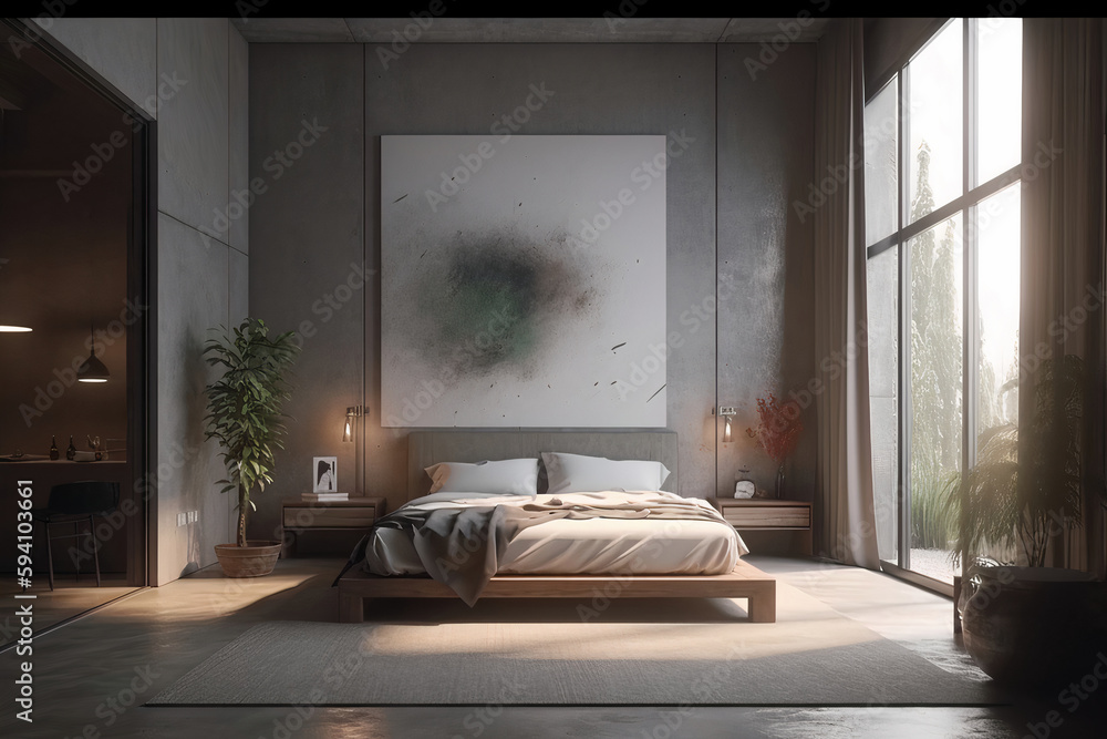 Modern minimalistic bedroom interior with a big empty wall with paint ...