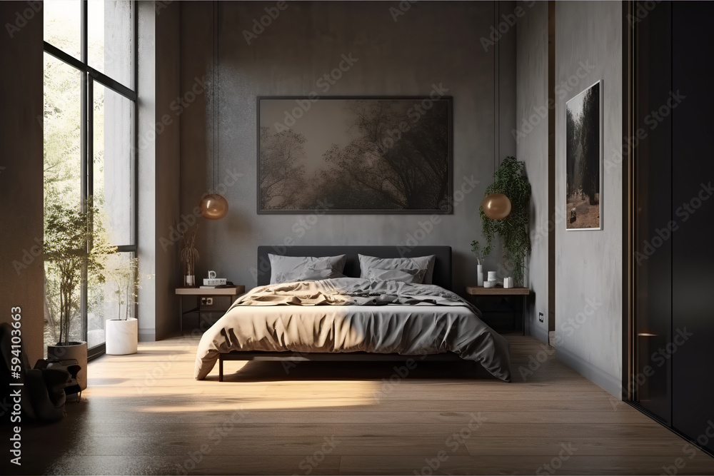 Modern minimalistic bedroom interior with a big empty wall with paint ...
