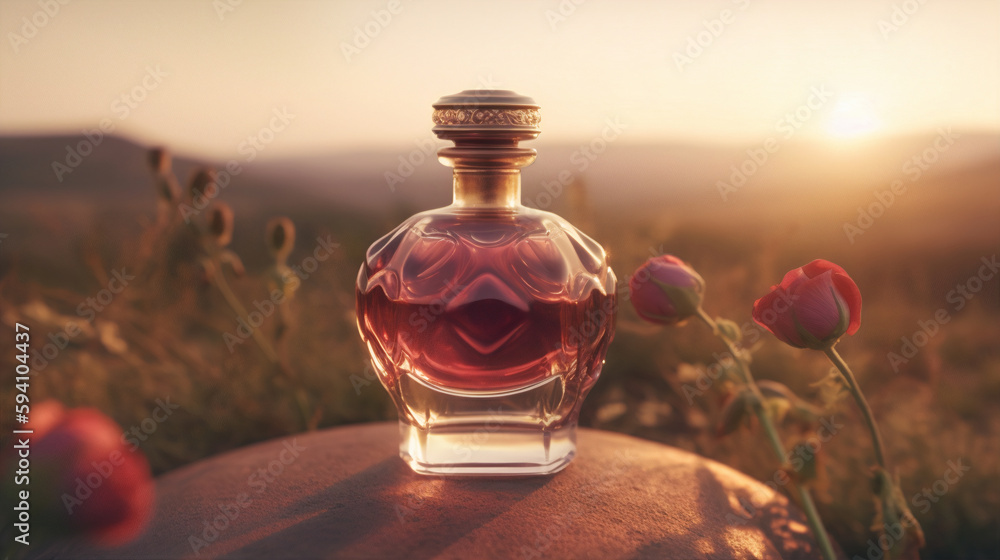 Photorealistic 4k Photo rose Perfume bottle in a modern and simple ...