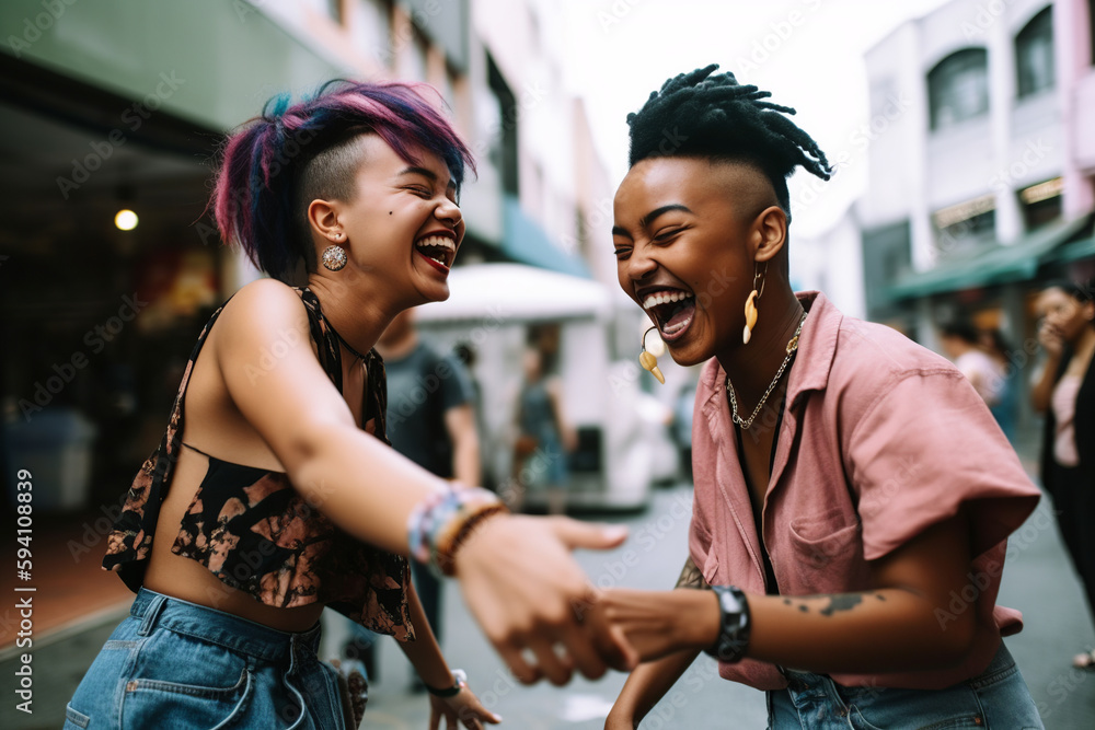 African American and asian LGBTQ non binary couple smiling and dancing ...