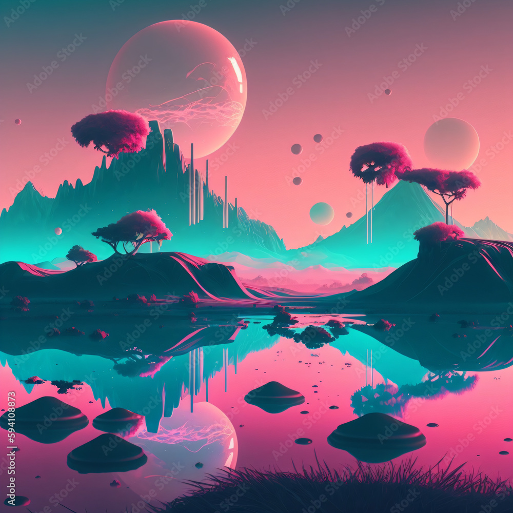 pink and blue neon lights on an alien planet. neo-noir pink and blue ...