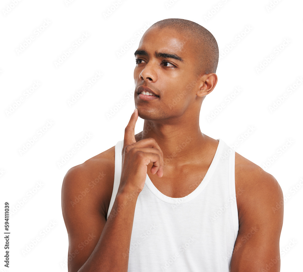 Thinking, confused and idea with man on png background for questions ...