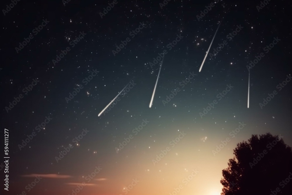 Glowing meteor trails, three beautiful falling stars. Night sky with ...