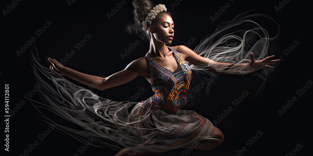 Breathtaking image of woman dancer in motion wearing long flowing dress ...