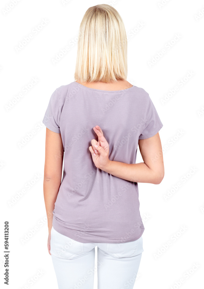 Luck, fingers crossed and back of woman with hope on png, isolated and ...