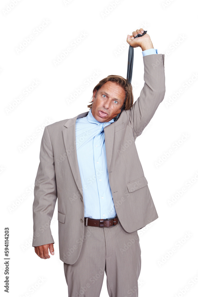 Depression, portrait and man hanging from tie, suicide and worker ...