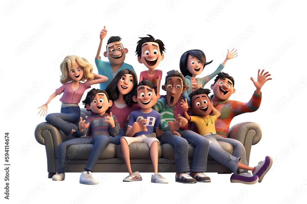 3D cartoon character cute multi ethnic group of cheerful young people ...