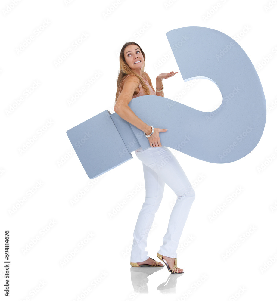 Question mark, confused and why with woman on png background for ...