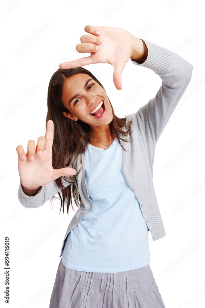 Portrait, happy and woman with frame or hands over face isolated on a ...