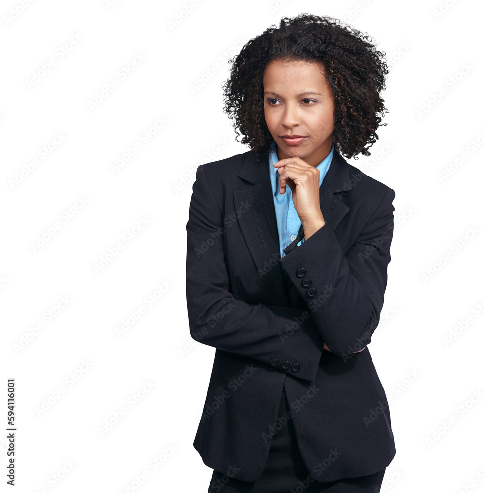 Business, thinking and doubt with woman on png background for problem ...