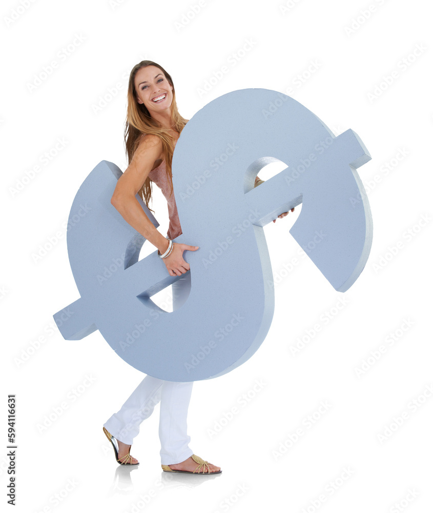 Woman, dollar sign and portrait for saving, money icon or investment in ...
