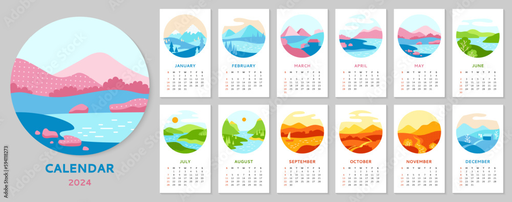 Calendar 2023 with minimalist landscape poster set. Abstract round ...