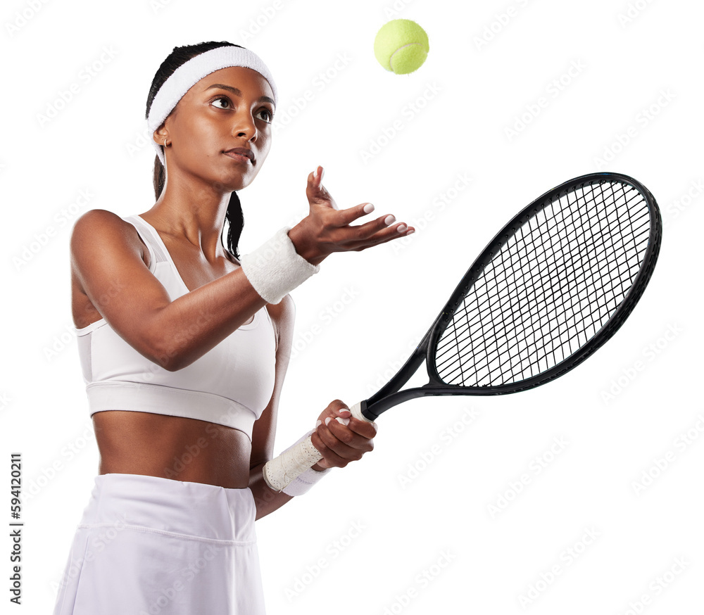 Tennis, ball throw and woman with racket isolated on a transparent png ...