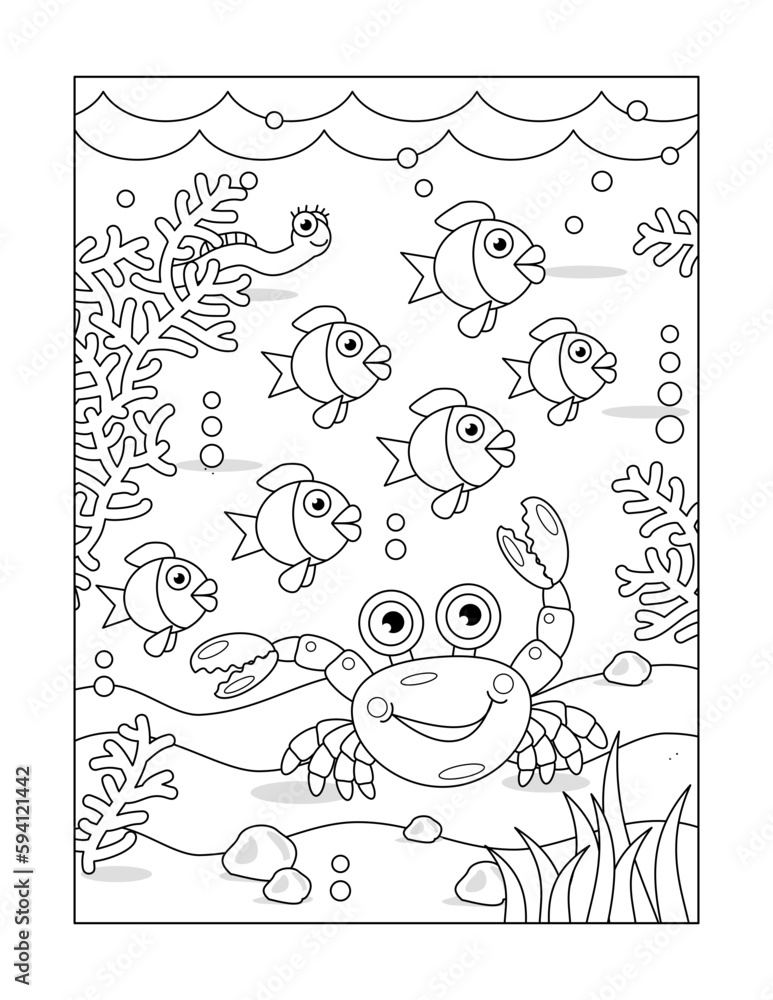 Coloring page with fish flock, crab and underwater scene of sea life ...