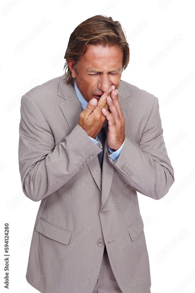 Businessman, toothache and pain from medical emergency, cavity or tooth ...