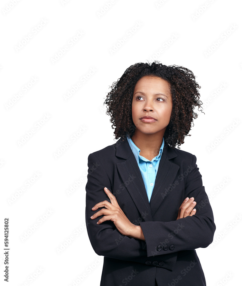 Thinking, business and black woman with arms crossed on isolated, transparent and png background ...