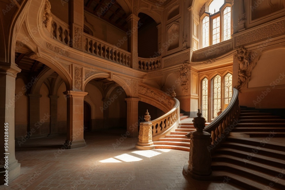 ภาพประกอบสต็อก Grand staircase and hall on the inside of a castle from ...