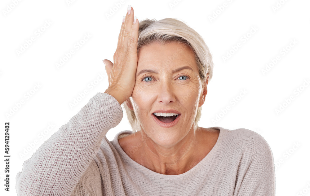 Portrait, hands or oops for senior woman isolated on transparent PNG ...