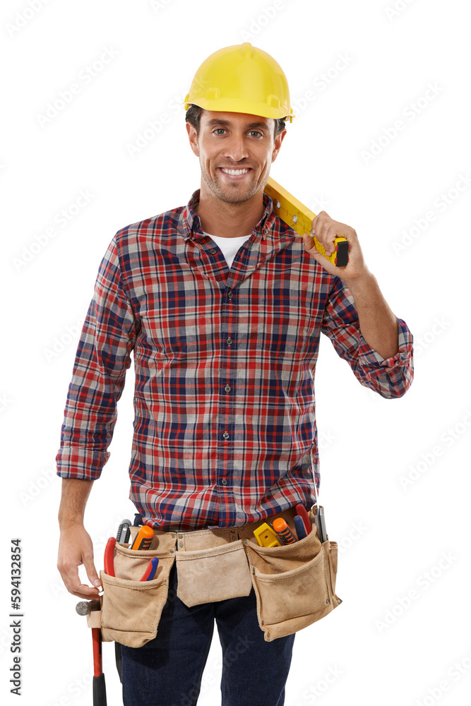 Portrait, construction and man in a hardhat, tools and guy isolated ...