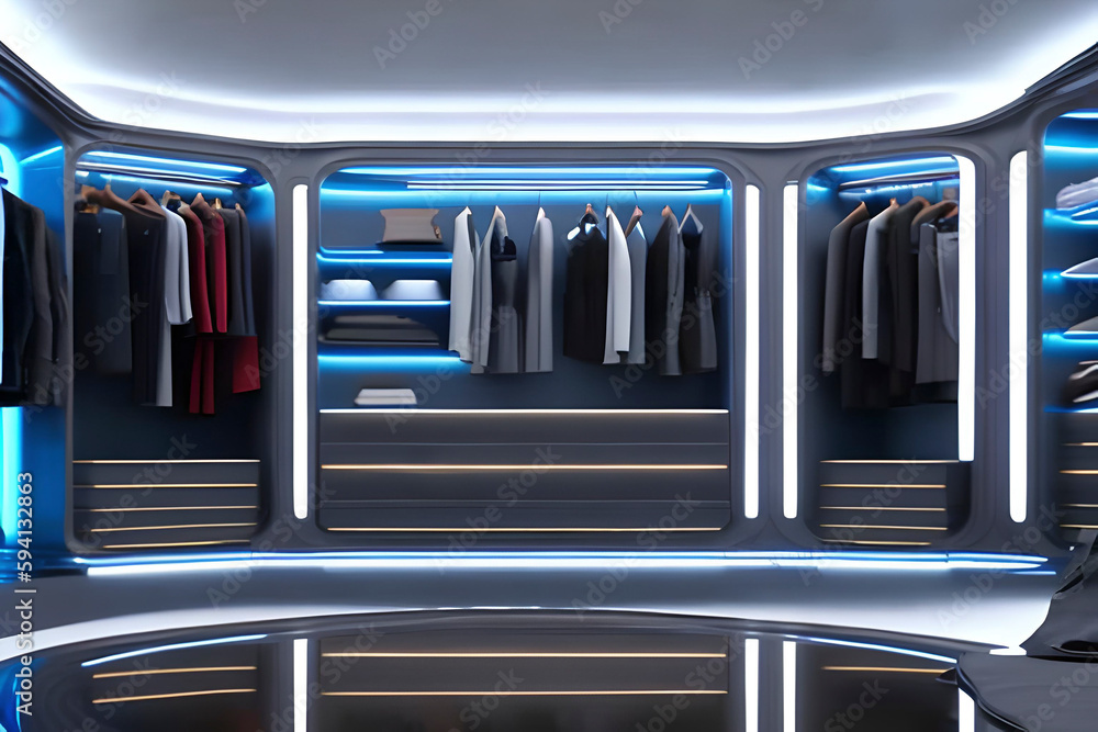 Generative AI image of a futuristic walk-in wardrobe room for modern ...