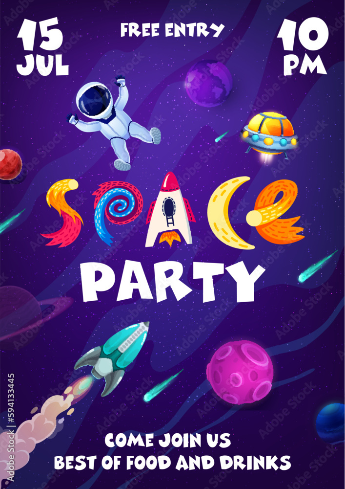 Space party flyer with cartoon rocket and planets, UFO and astronaut in ...