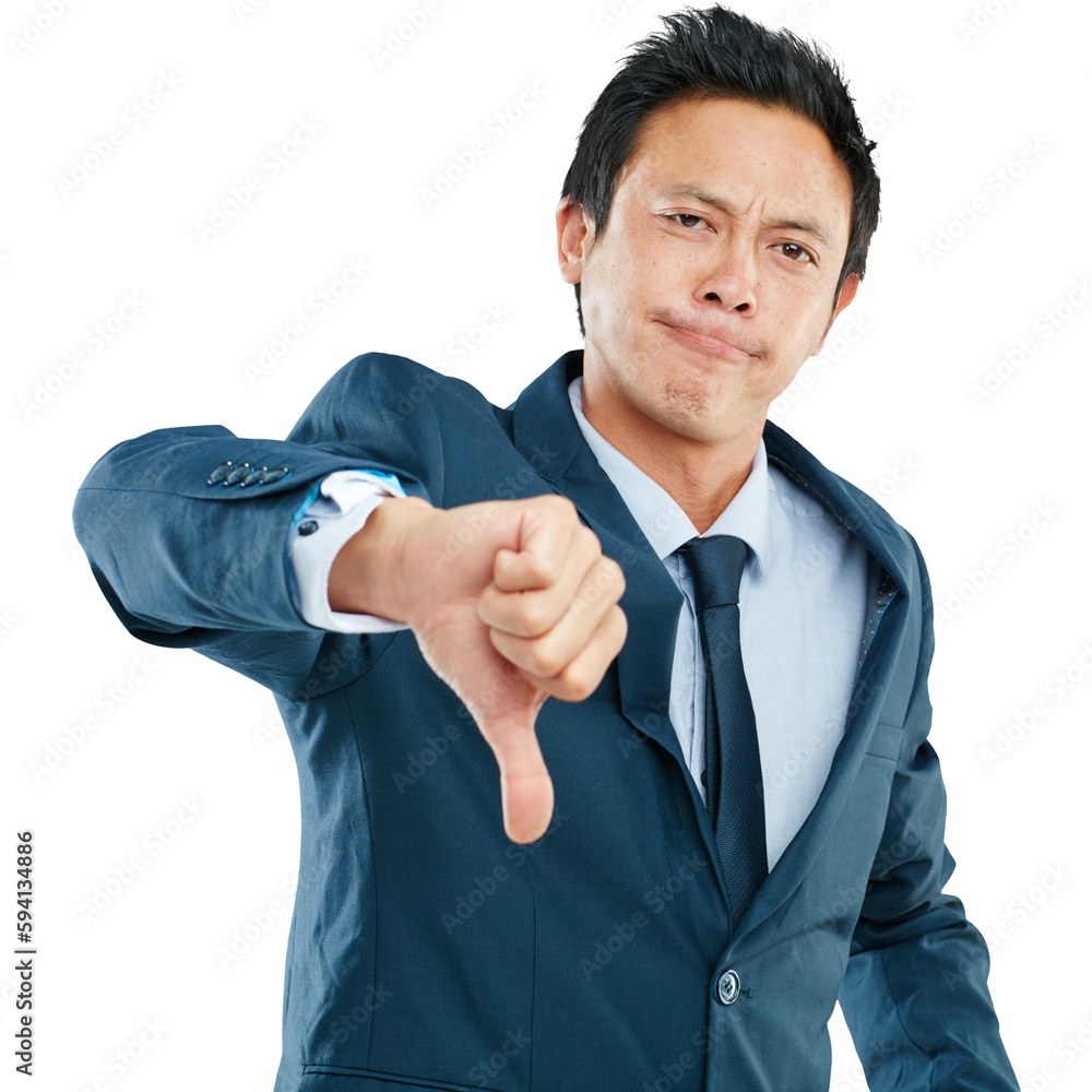 Portrait, sad and business man with thumbs down isolated on a ...