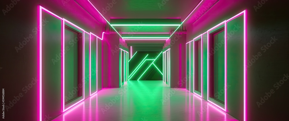 neon colored corridor with neon lights, bold structural designs, violet ...