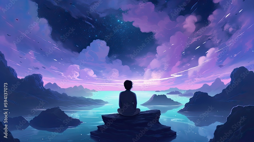 Anime Style Boy Watching Stars on beautiful tonalist Sky with Nightcore ...