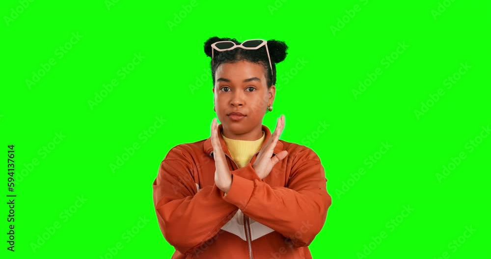 Green screen, head shake or woman face with no gesture, wrong decision ...