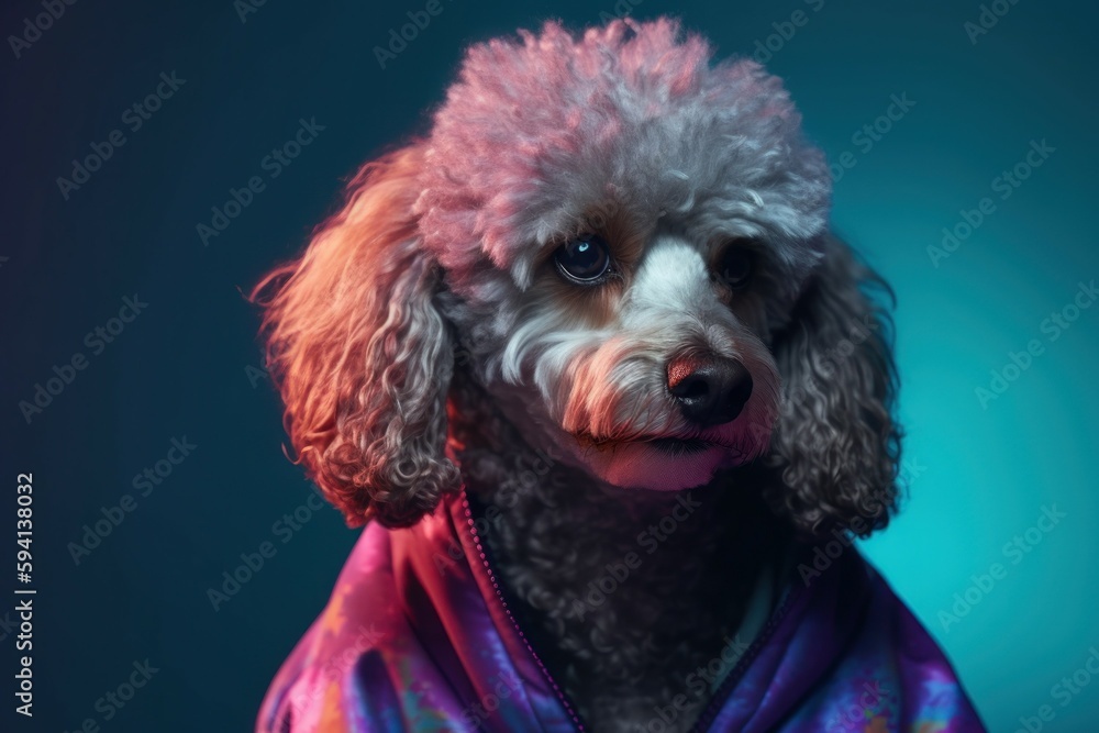 Anthropomorphic dog poodle dressed in human clothing. humanized animal ...