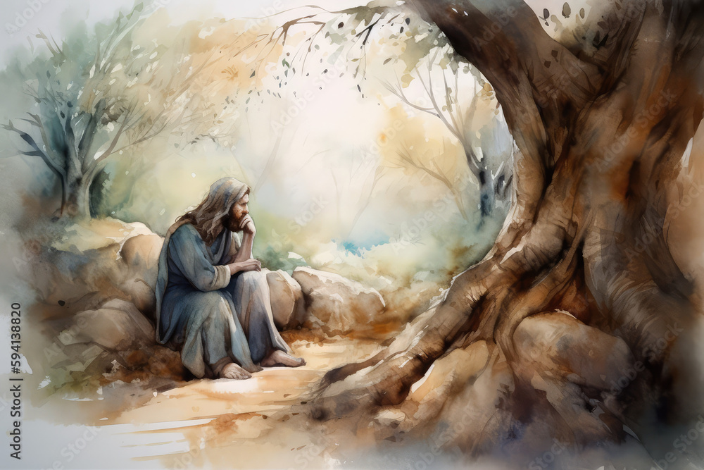 Watercolor Illustration of a Jesus Christ Praying In The Garden Of ...
