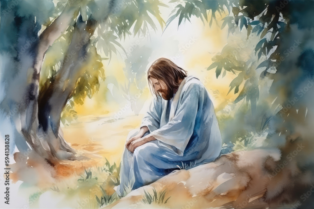 Watercolor Illustration of a Jesus Christ Praying In The Garden Of ...