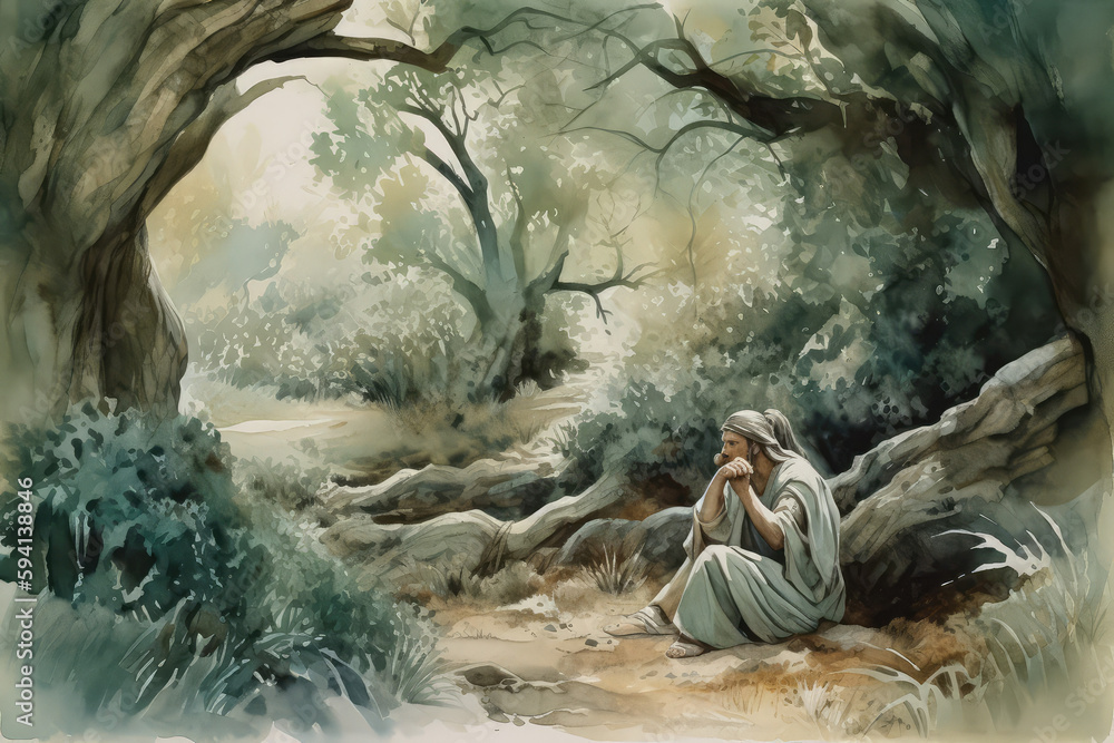 Watercolor Illustration of a Jesus Christ Praying In The Garden Of ...