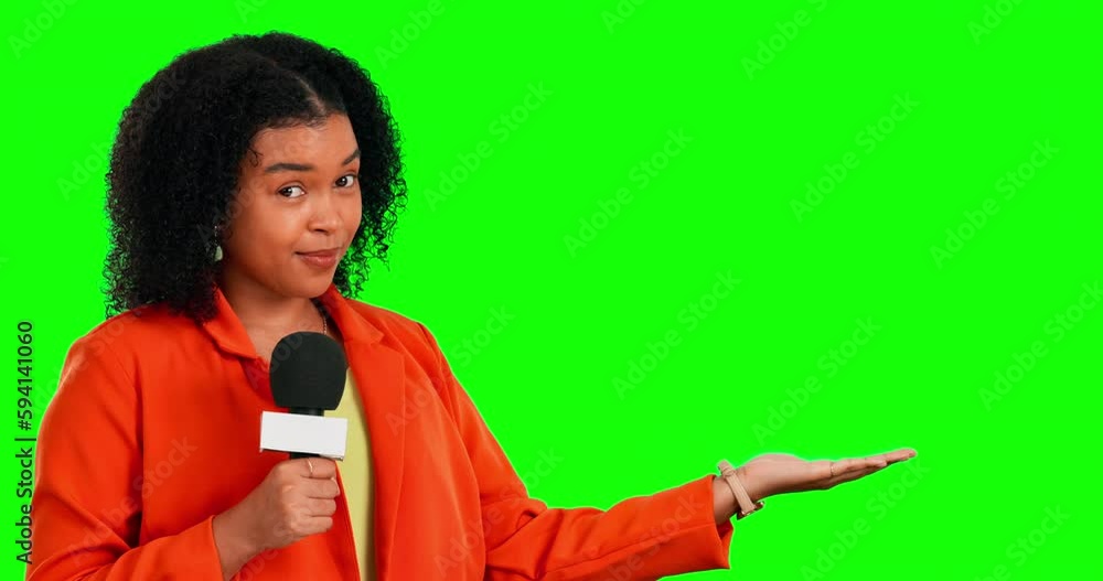 Green screen gesture, woman face and reporter talk about news, weather ...